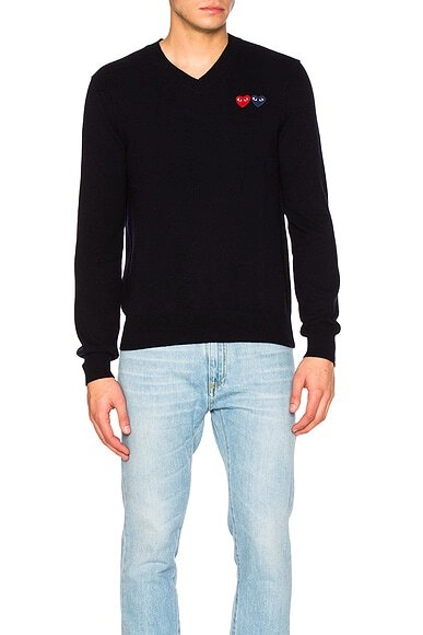 Play Comme Des Garcon V-neck Double Emblem Sweater
