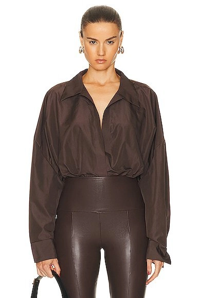 Norma Kamali Oversized Boyfriend Shirt Bodysuit - Chocolate
