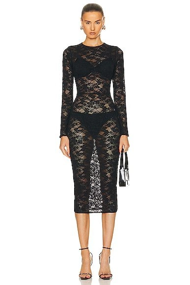 FLEUR DU MAL Le Stretch Multifit Lace Long Sleeve Dress - Black