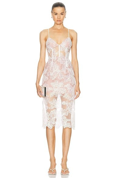 FLEUR DU MAL Sequin Floral Embroidered Midi Dress - Ivory