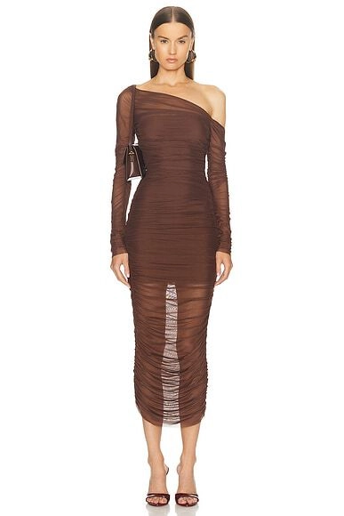 SEROYA Chantae Ruched Mesh Off-the-shoulder Midi Dress - Coconut