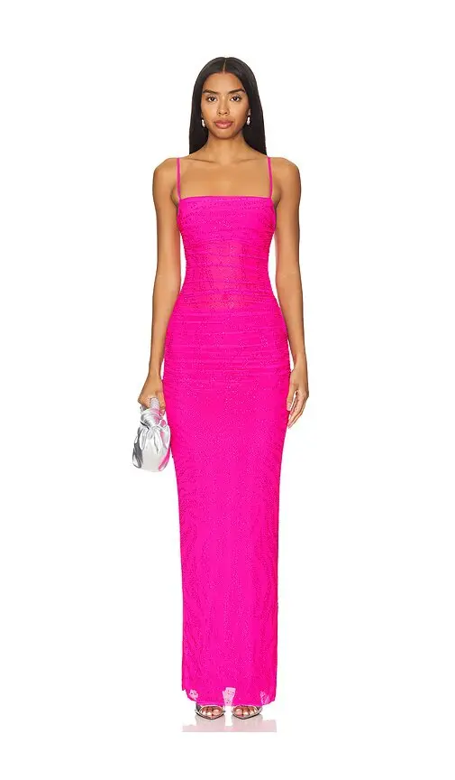 AFRM Crystal Embellished Mesh Gown - Fuchsia