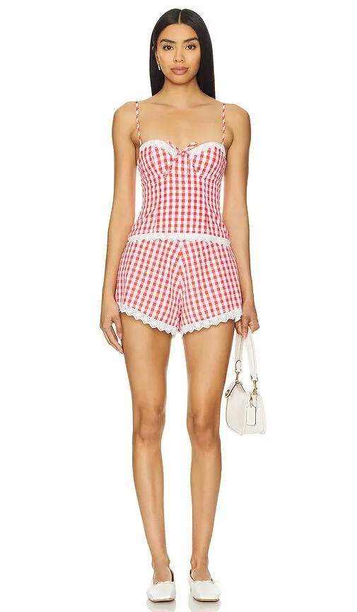 Majorelle Bustier Top With Lace Trim - Red