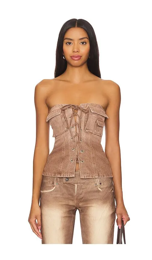 Superdown Denim Corset Top With Lace-up Front - Brown