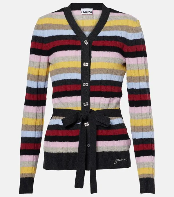 GANNI Striped Cable-knit Wool-blend Cardigan - Multicoloured