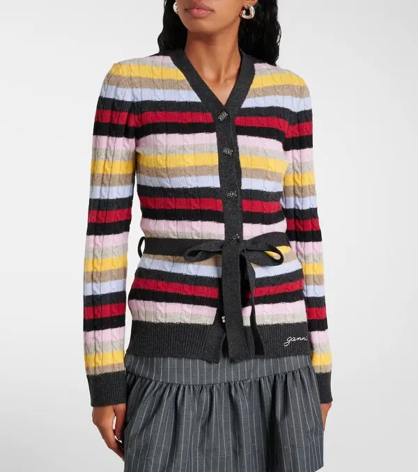GANNI Striped Cable-knit Wool-blend Cardigan