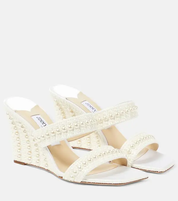 JIMMY CHOO Embellished Wedge Mules - White