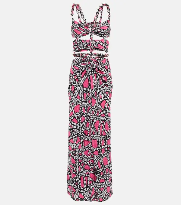 AREA Printed Cut-out Silk Midi Dress