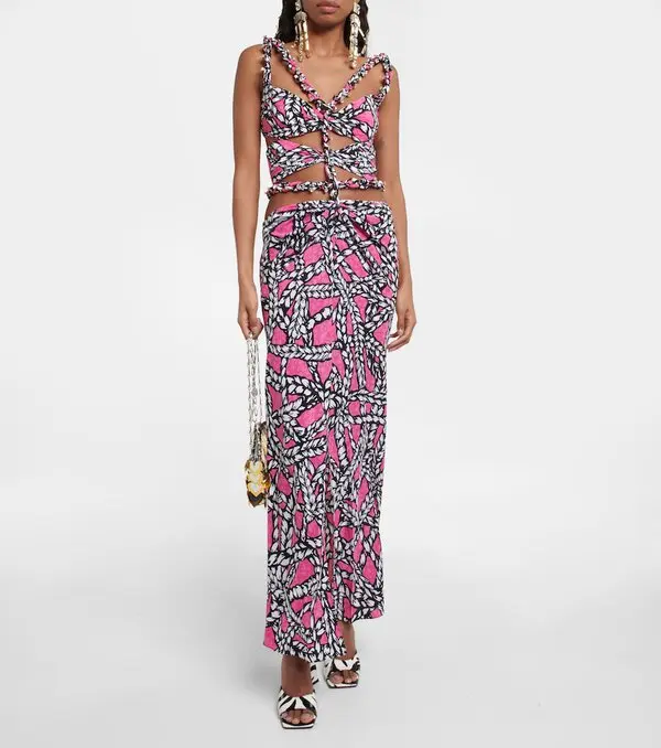 AREA Printed Cut-out Silk Midi Dress