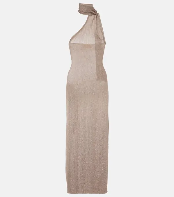 AYA MUSE Scarf-detail Lame Maxi Dress - Beige