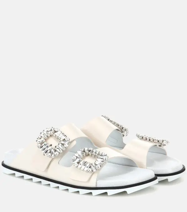 ROGER VIVIER Slidy Viv Leather Slip-on Sandals With Embellished Buckles - White