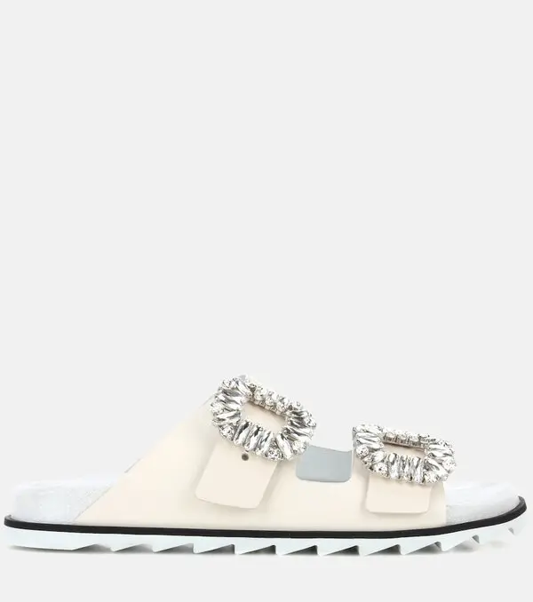 ROGER VIVIER Slidy Viv Leather Slip-on Sandals With Embellished Buckles - White