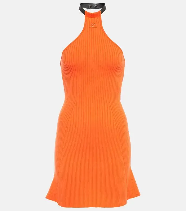 COURREGES Ribbed-knit Halterneck Mini Dress In Sunset - Orange