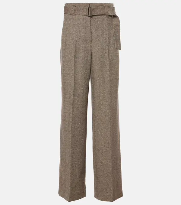 Brunello Cucinelli Herringbone Wool-blend Wide-leg Trousers - Brown