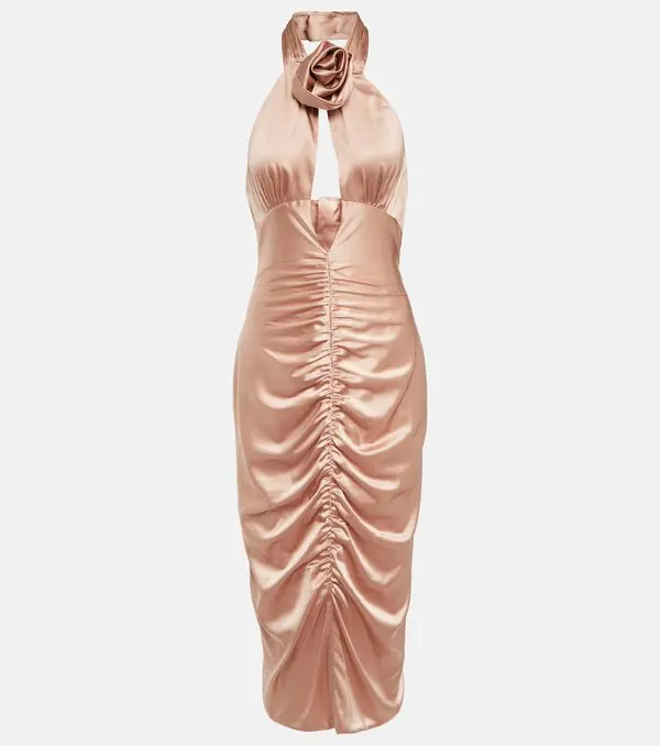 Alessandra Rich Ruched Cutout Satin Midi Dress - Pink