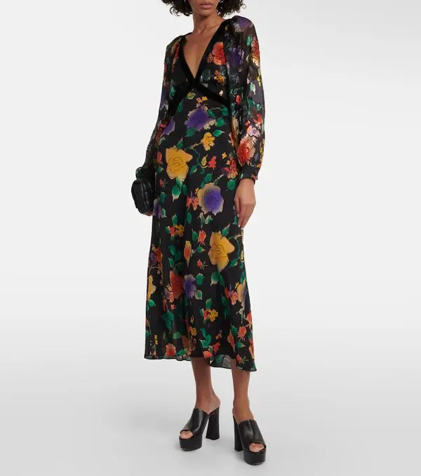 Rixo Ombre Bloom Black Floral Silk Midi Dress