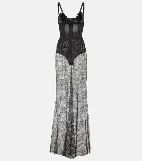 NENSI DOJAKA Cutout Sequined Lace-trimmed Gown - Black