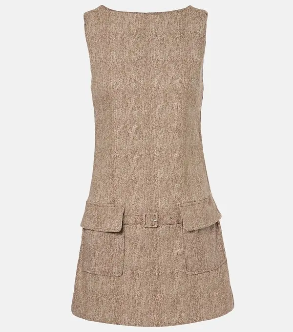 Staud Sheila Belted Midi Dress In Mocha Herringbone - Neutrals