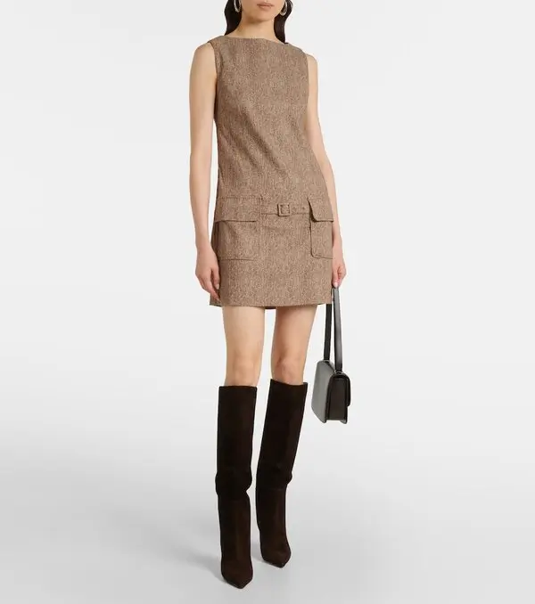 Staud Sheila Belted Midi Dress In Mocha Herringbone