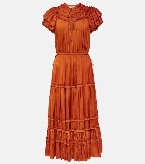 Ulla Johnson Isadora Pleated Midi Dress - Orange