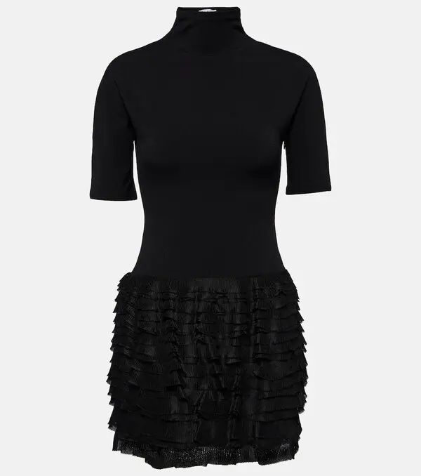 Alaïa High-neck Ruffled Jersey Mini Dress In Noir