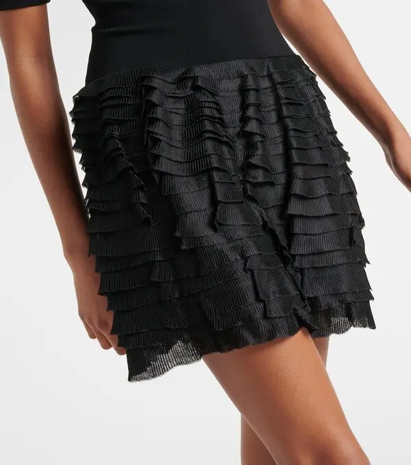 Alaïa High-neck Ruffled Jersey Mini Dress In Noir