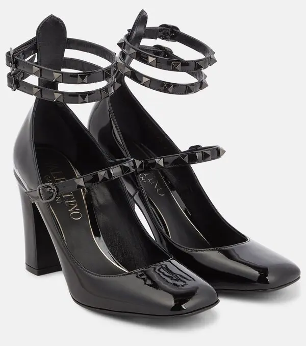 Valentino Garavani Patent Leather Pumps With Ankle Strap And Stud Detailing - Black