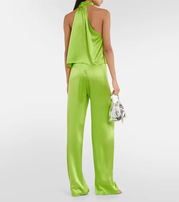 THE SEI Draped High-neck Silk Satin Top - Green