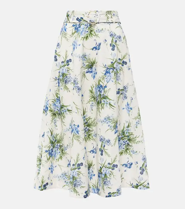 Veronica Beard Arwen Floral Cotton Belted Midi Skirt - White