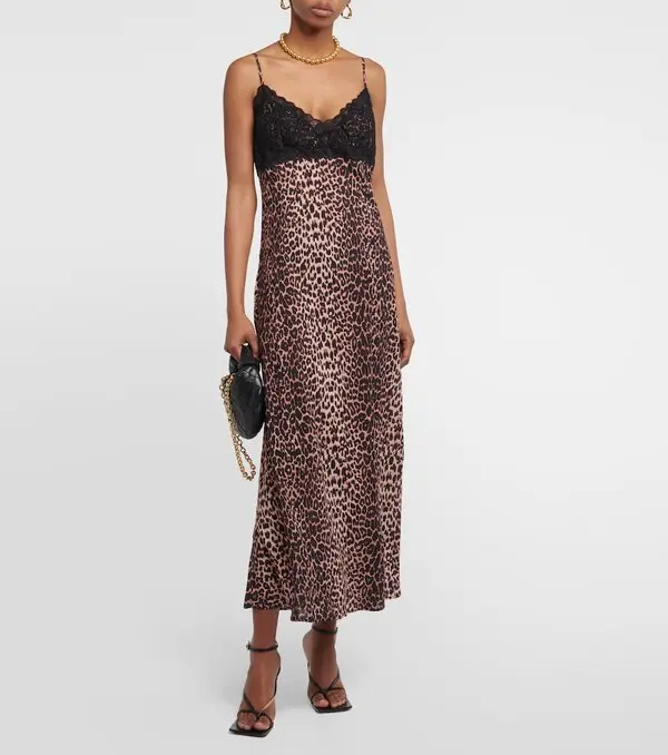 Rixo Attiya Leopard Print Lace Trimmed Slip Dress