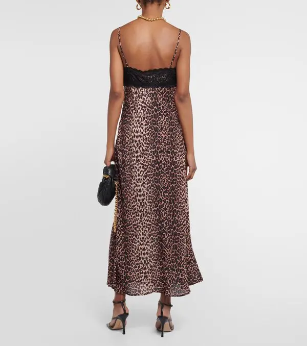 Rixo Attiya Leopard Print Lace Trimmed Slip Dress