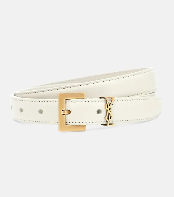 Saint Laurent Cassandre Slim Leather Belt - White