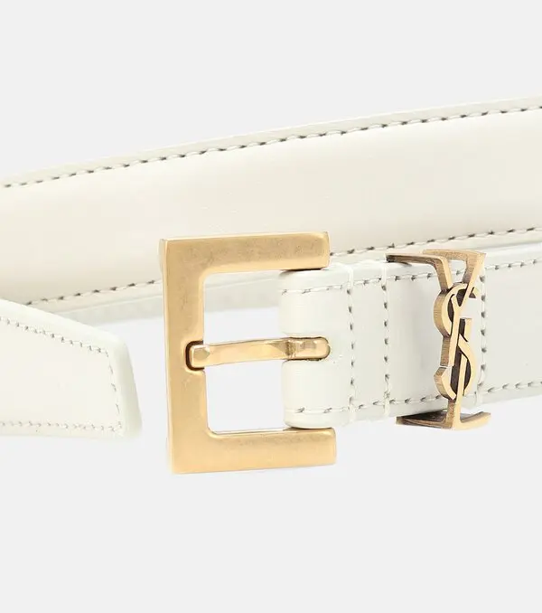 Saint Laurent Cassandre Slim Leather Belt - White