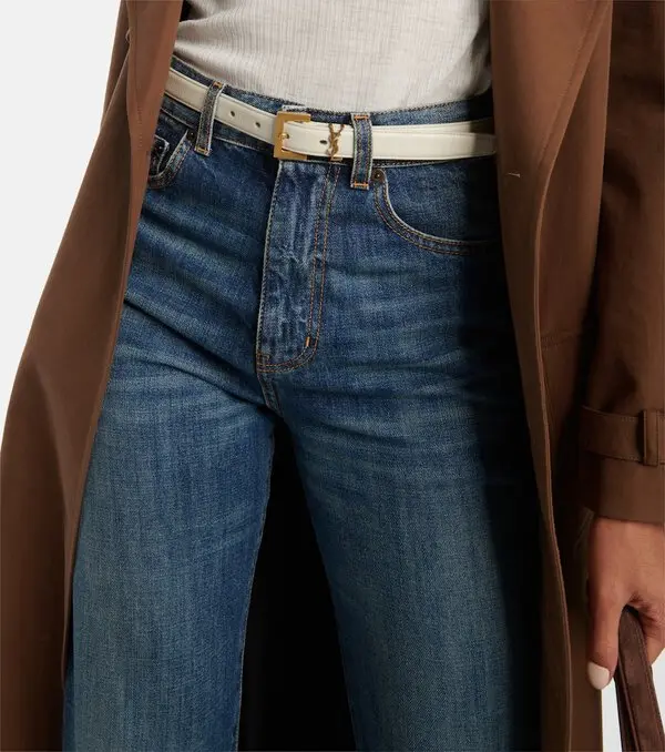 Saint Laurent Cassandre Slim Leather Belt - White