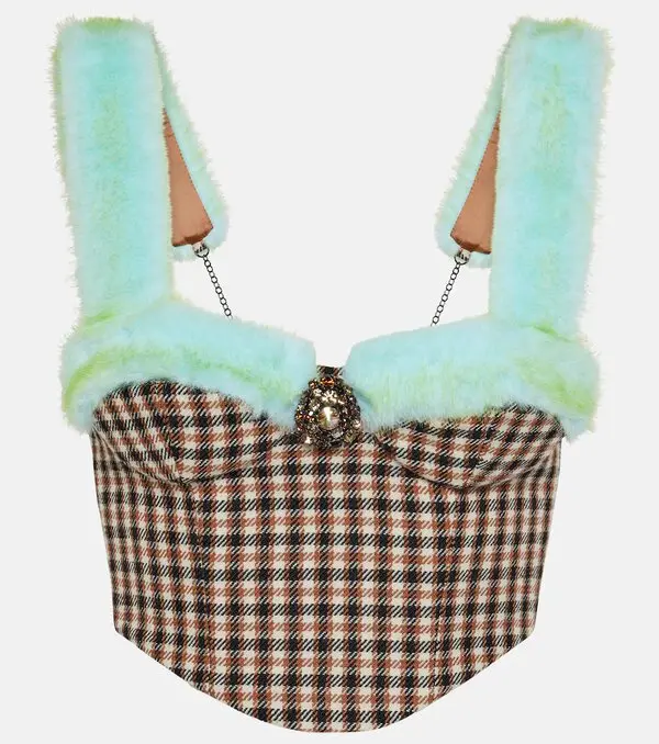 AREA Checked Wool And Cotton Bustier With Faux Fur Trim