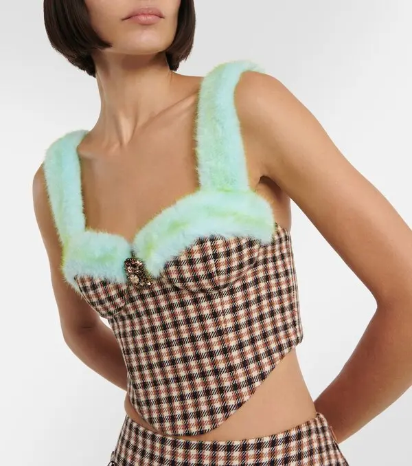 AREA Checked Wool And Cotton Bustier With Faux Fur Trim