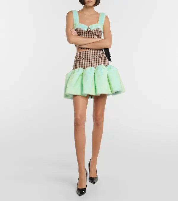 AREA Checked Wool And Cotton Bustier With Faux Fur Trim