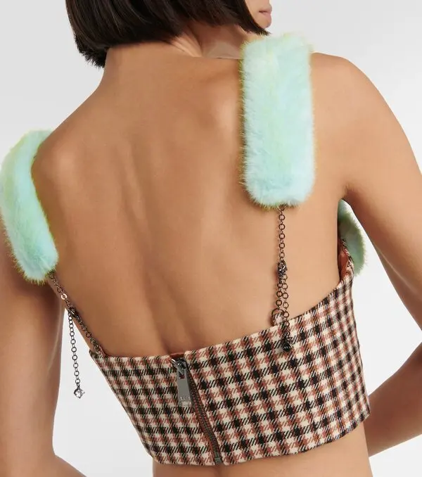 AREA Checked Wool And Cotton Bustier With Faux Fur Trim