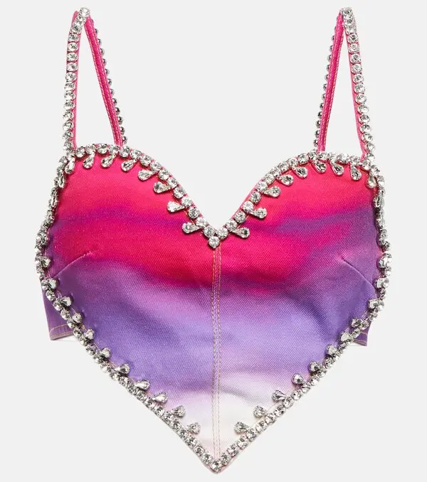 AREA Embellished Ombre Denim Cropped Top - Pink