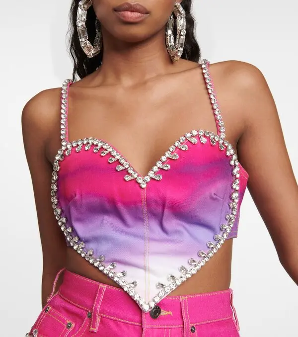 AREA Embellished Ombre Denim Cropped Top