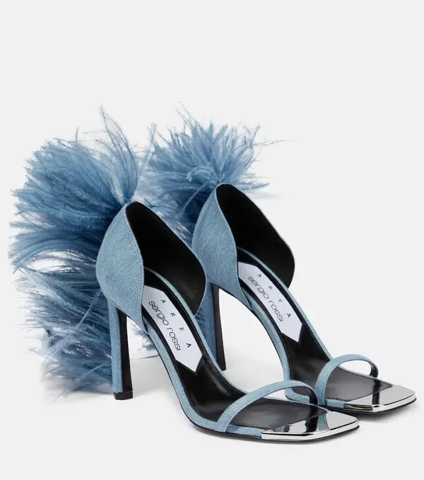 AREA Sergio Rossi Amazonas Feather-trimmed Denim Heeled Sandals - Blue