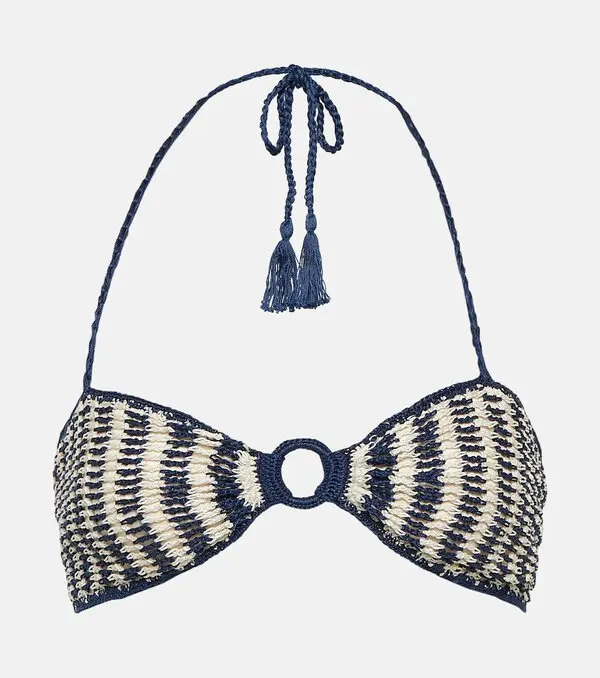 Anna Kosturova Crochet Cotton Bandeau Bikini Top In Indigo Cream Stripe - Blue