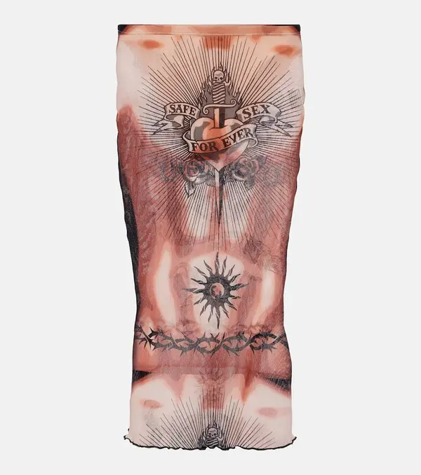 JEAN PAUL GAULTIER Tattoo Collection Mesh Midi Skirt - Brown