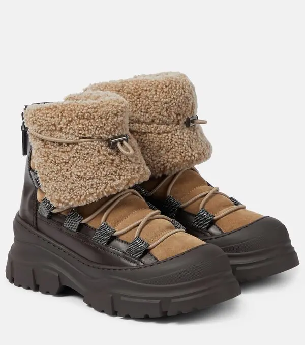 Brunello Cucinelli Shearling-trimmed Suede And Leather Ankle Boots