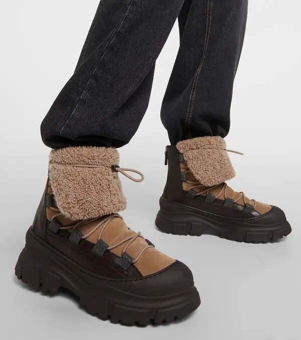 Brunello Cucinelli Shearling-trimmed Suede And Leather Ankle Boots