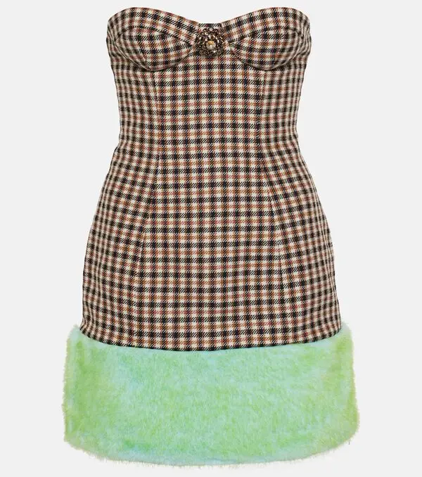 AREA Checked Wool And Cotton Bustier Dress With Faux Fur Trim - Multicoloured