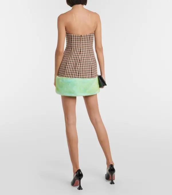 AREA Checked Wool And Cotton Bustier Dress With Faux Fur Trim