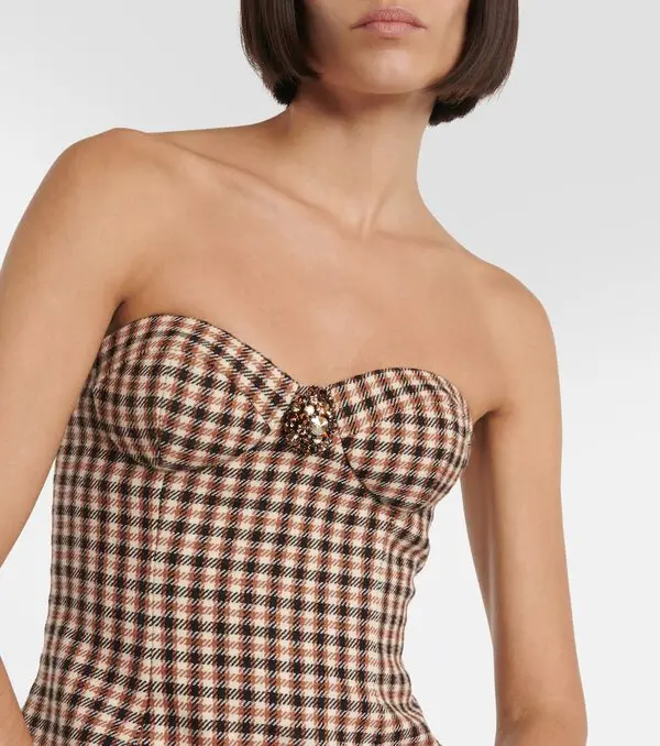 AREA Checked Wool And Cotton Bustier Dress With Faux Fur Trim