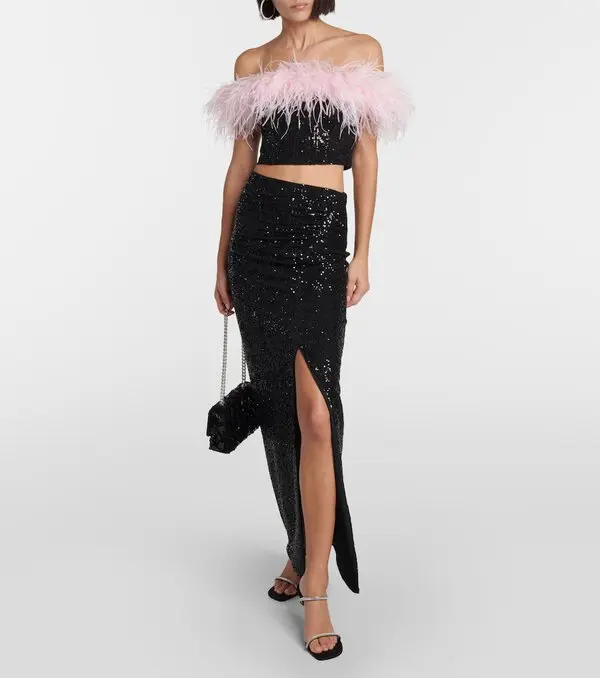 SELF-PORTRAIT Feather-trimmed Sequined Crop Top
