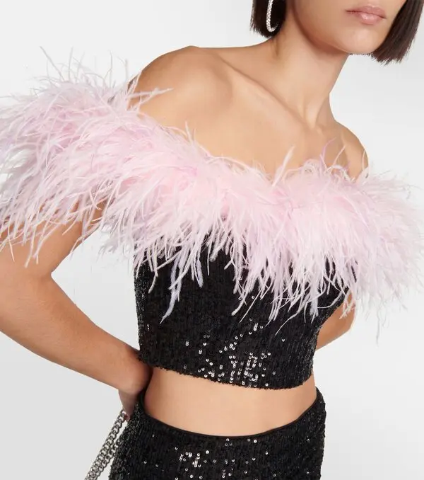 SELF-PORTRAIT Feather-trimmed Sequined Crop Top